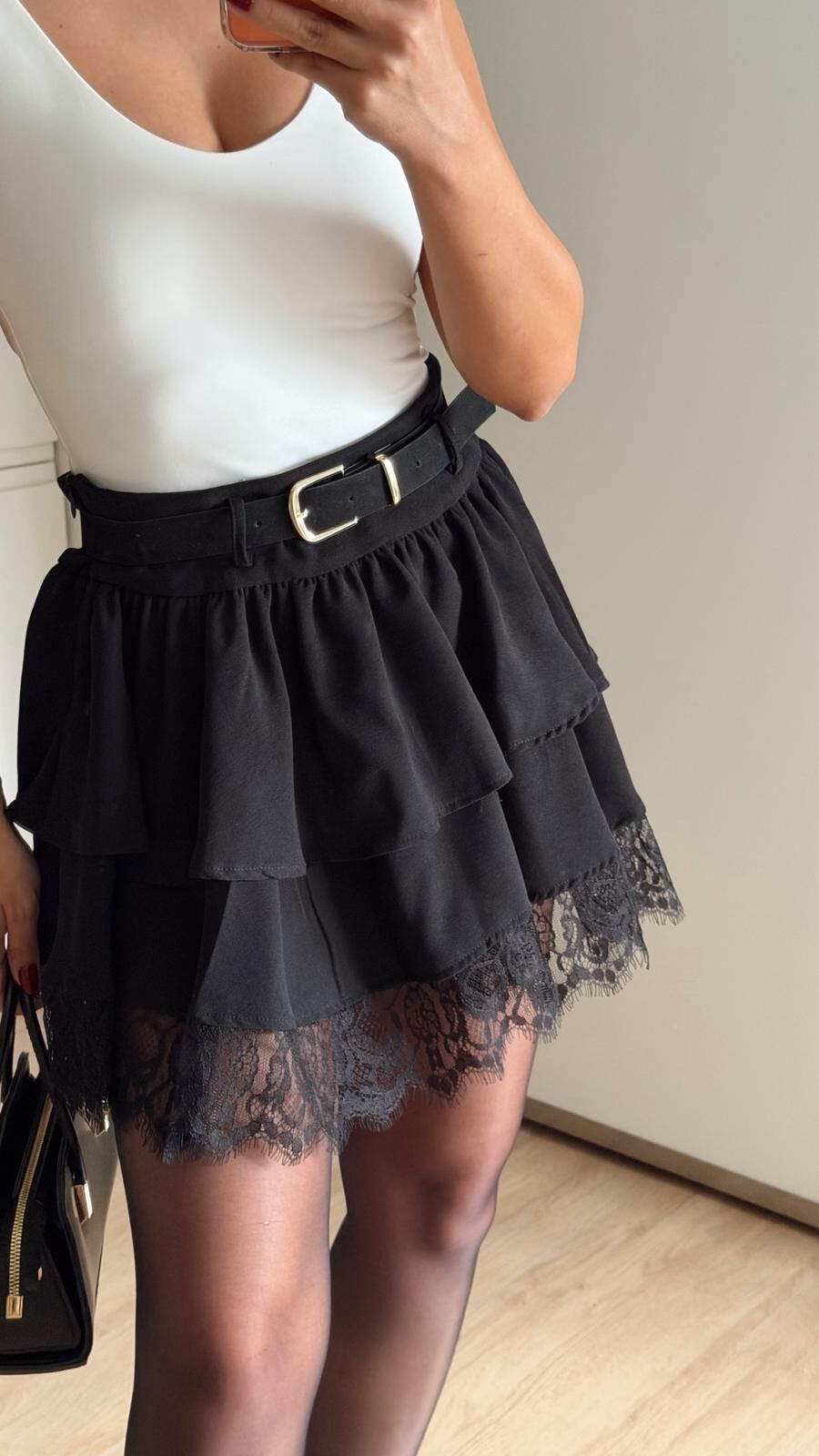Kemerli Dantel Fırfır Etek Siyah | Fistanbynmelisa