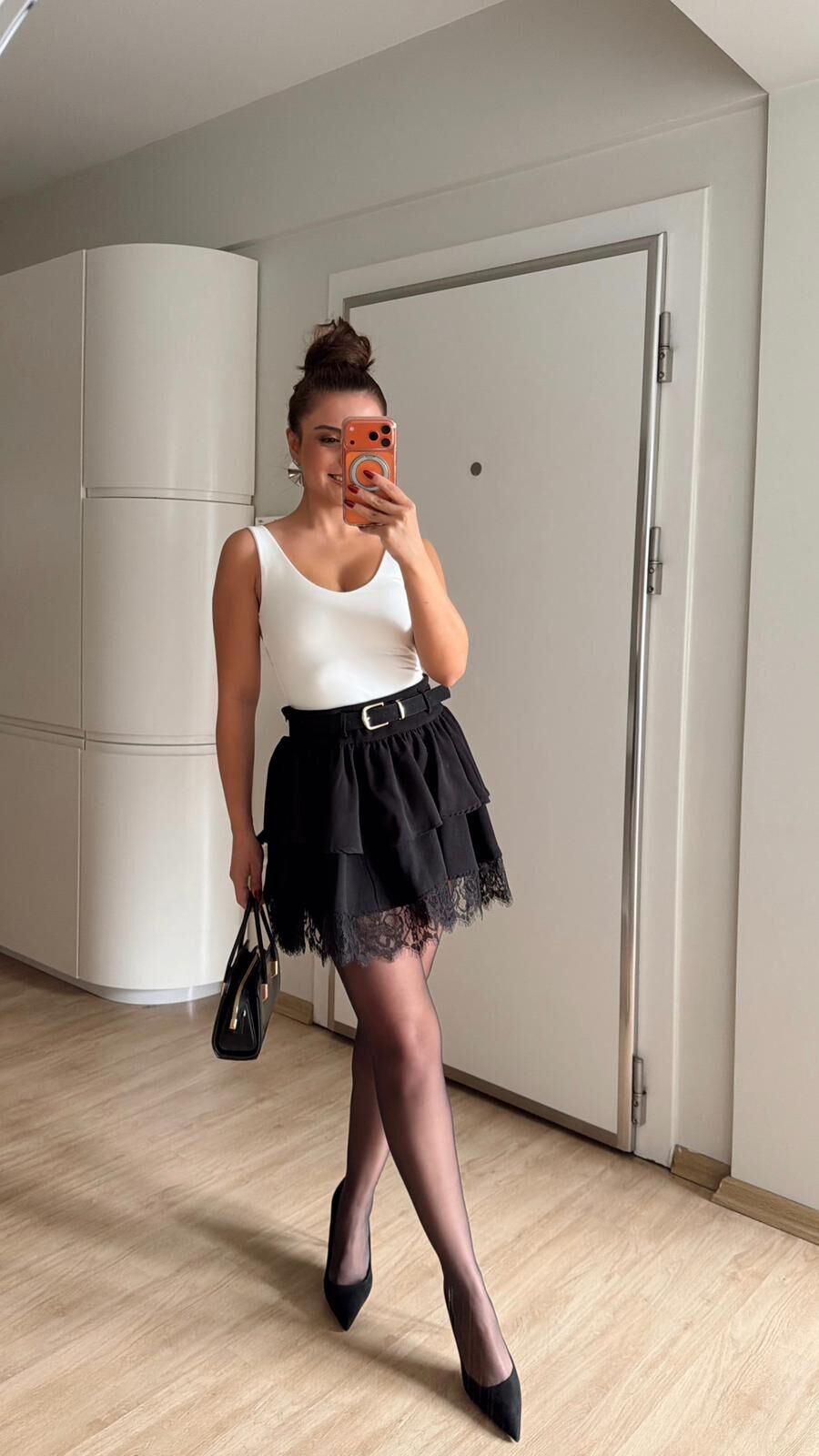 Kemerli Dantel Fırfır Etek Siyah | Fistanbynmelisa